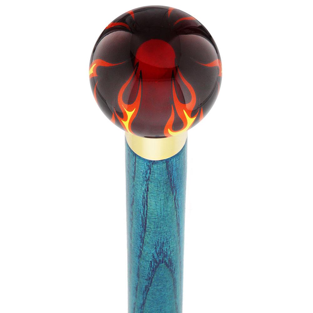 Burst of Flames Red Transparent Round Knob Cane w/ Custom Color Ash