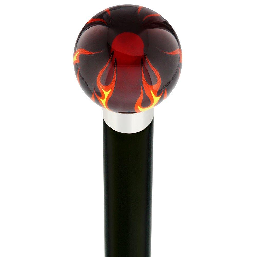 Burst of Flames Red Transparent Round Knob Cane w/ Custom Wood Shaft