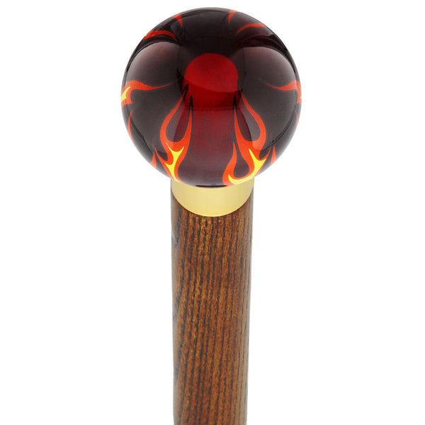 Burst of Flames Red Transparent Round Knob Cane w/ Custom Wood Shaft
