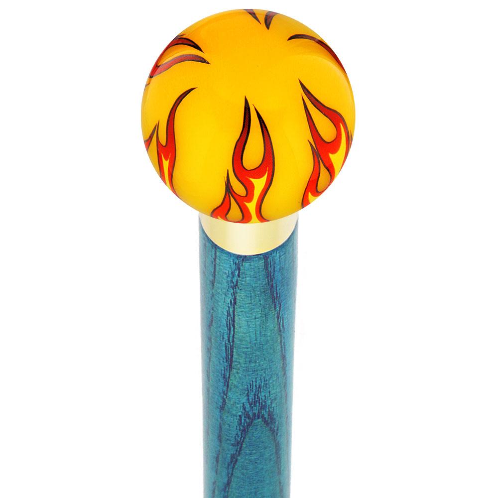 Burst of Flames Yellow Round Knob Cane w/ Custom Color Ash Shaft
