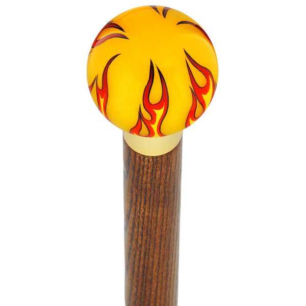 Burst of Flames Yellow Round Knob Cane w/ Custom Wood Shaft & Collar