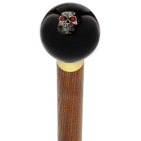 Spooky Red Eyed Skull Black Round Knob Cane with Custom Wood Shaft & Collar