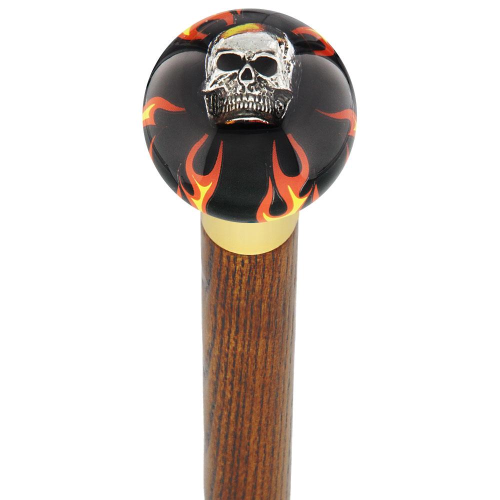Fire & Brimstone Skull Black Round Knob Cane w/ Custom Color Ash