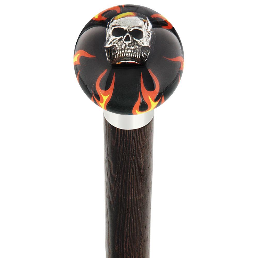 Fire & Brimstone Skull Black Round Knob Cane w/ Custom Wood Shaft