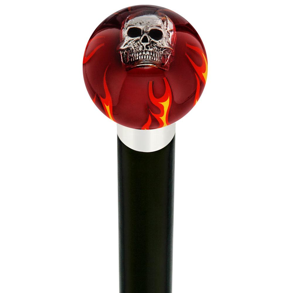 Fire & Brimstone Skull Red Round Knob Cane w/ Custom Wood Shaft