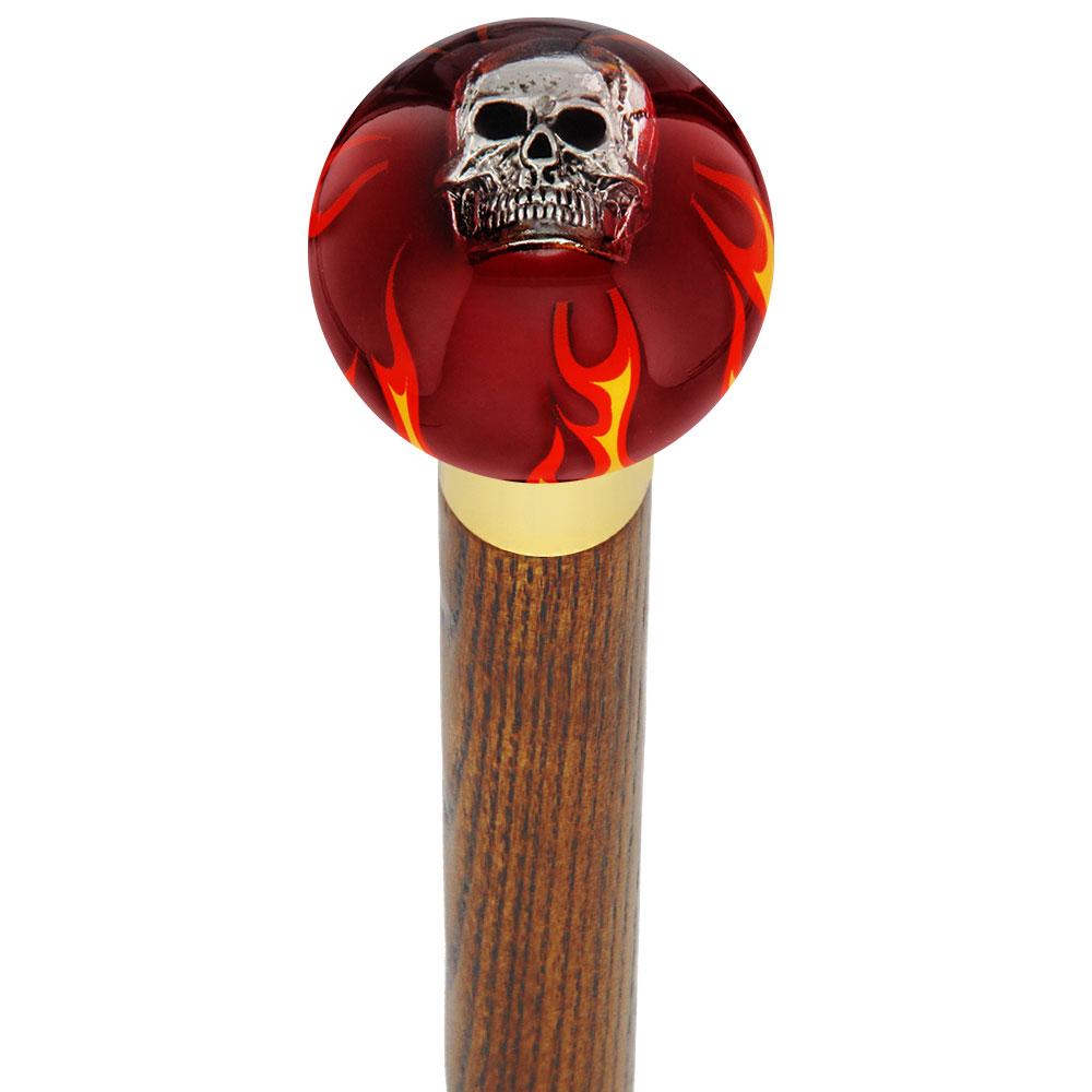 Fire & Brimstone Skull Red Round Knob Cane w/ Custom Wood Shaft