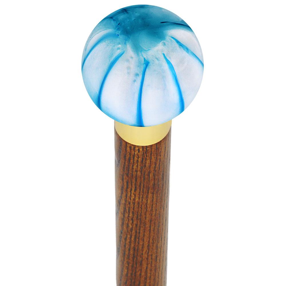 Splash of Blue on Pearl Round Knob Cane w/ Custom Wood Shaft & Collar